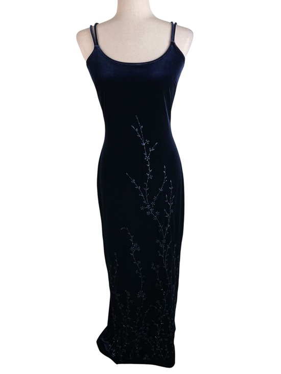 Vintage | Dresses | Vintage 9s Y2k Deep Blue Velvet Glitter Flower Maxi ...